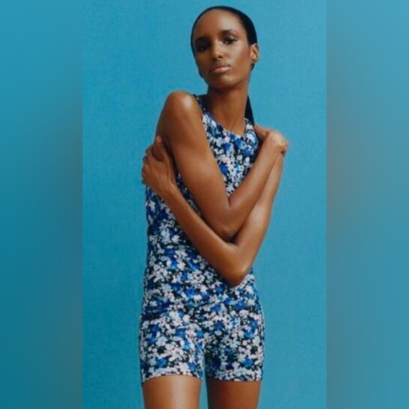 Zara | Pants & Jumpsuits | Zara Playsuit Blue Floral Bodycon Romper ...